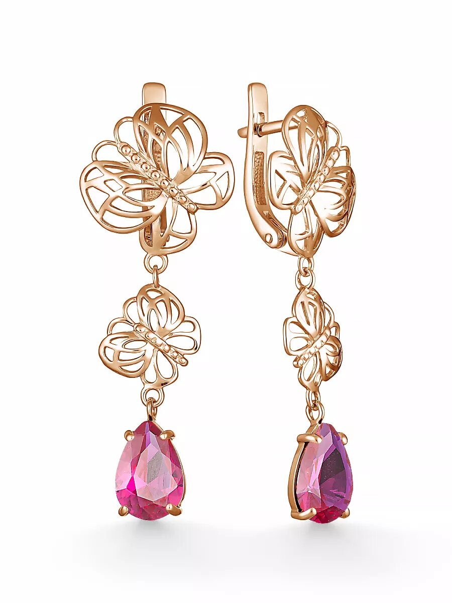 Серьги, красное золото, 585 проба, рубин, бриллиант