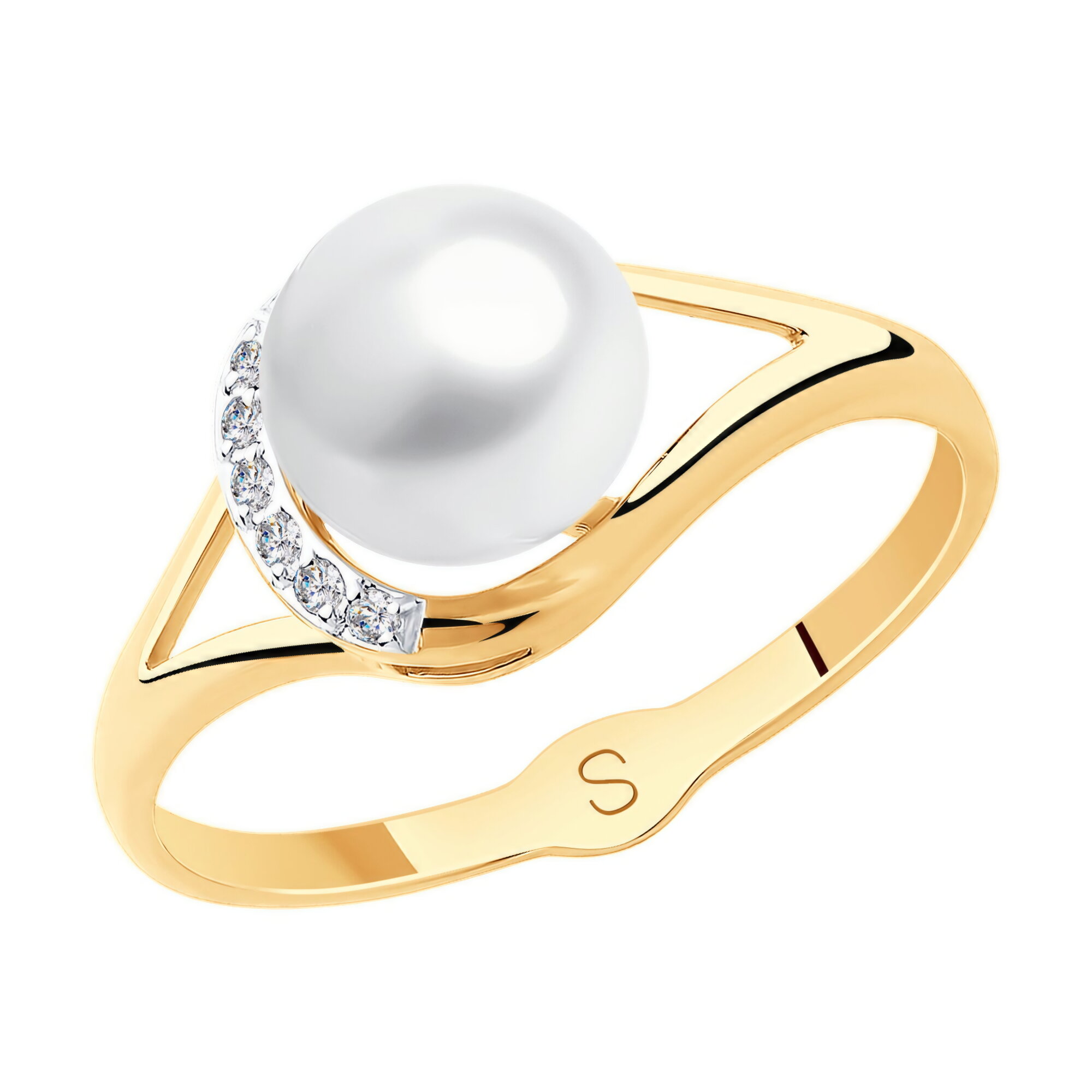 Кольцо, красное золото, 585 проба, фианит, жемчуг