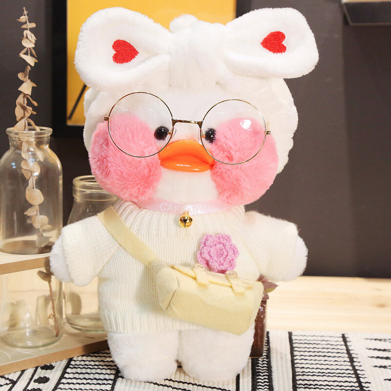Плюшевый игрушка утка с гиалуроновой кислотой duck net red duck lalafanfan cafe mimi ins с белой резинкой на волосы, белым свитером с цветами и белым сумочкой