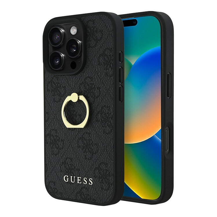 Guess чехол с кольцом-держателем для iPhone 16 Pro, PU-кожа с узором 4G черный