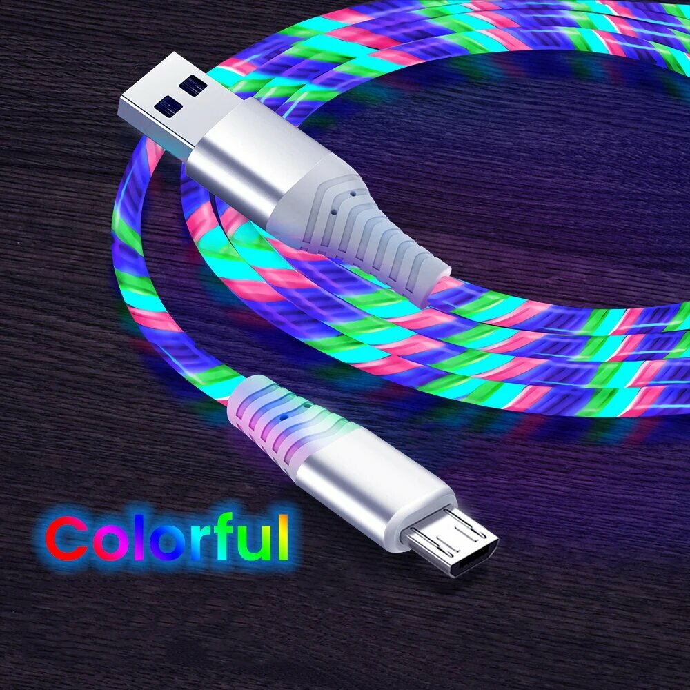 MVQF Кабель для быстрой зарядки 6A Светящийся светодиодный кабель Micro USB TypeC Кабель для передачи данных Плавный стример Светодиодный шнур USB C для iPhone Xiaomi 1M for Micro, Colorful