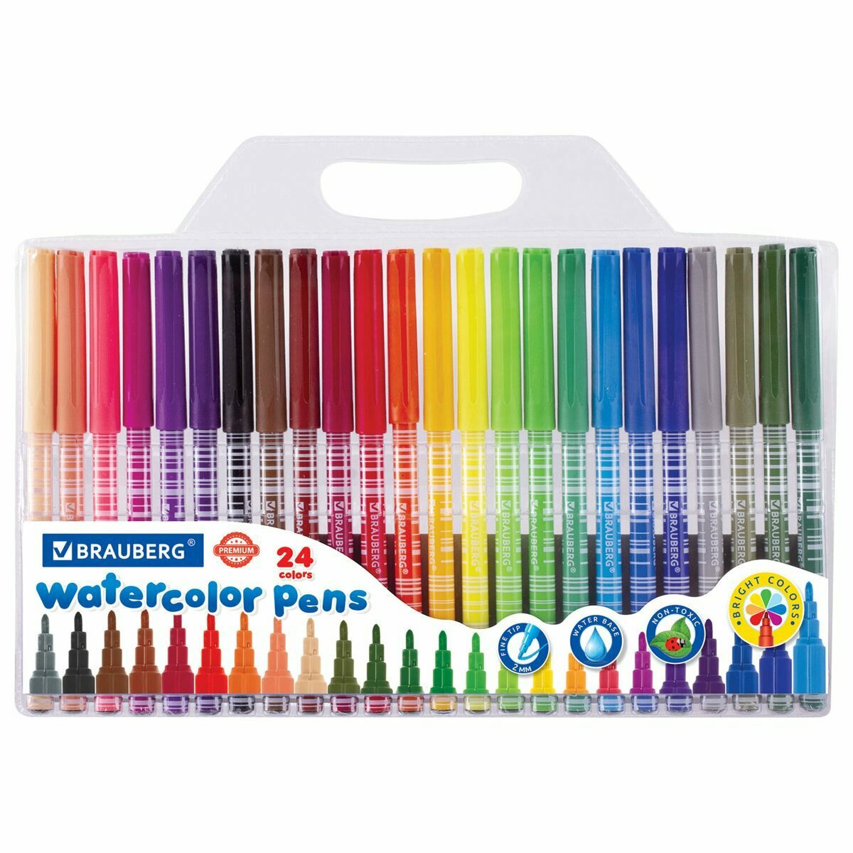 Набор фломастеров 24 цвета Brauberg Premium (линия 2мм, корпус с печатью, вентилируемый колпачок) ПВХ-упаковка (151944)