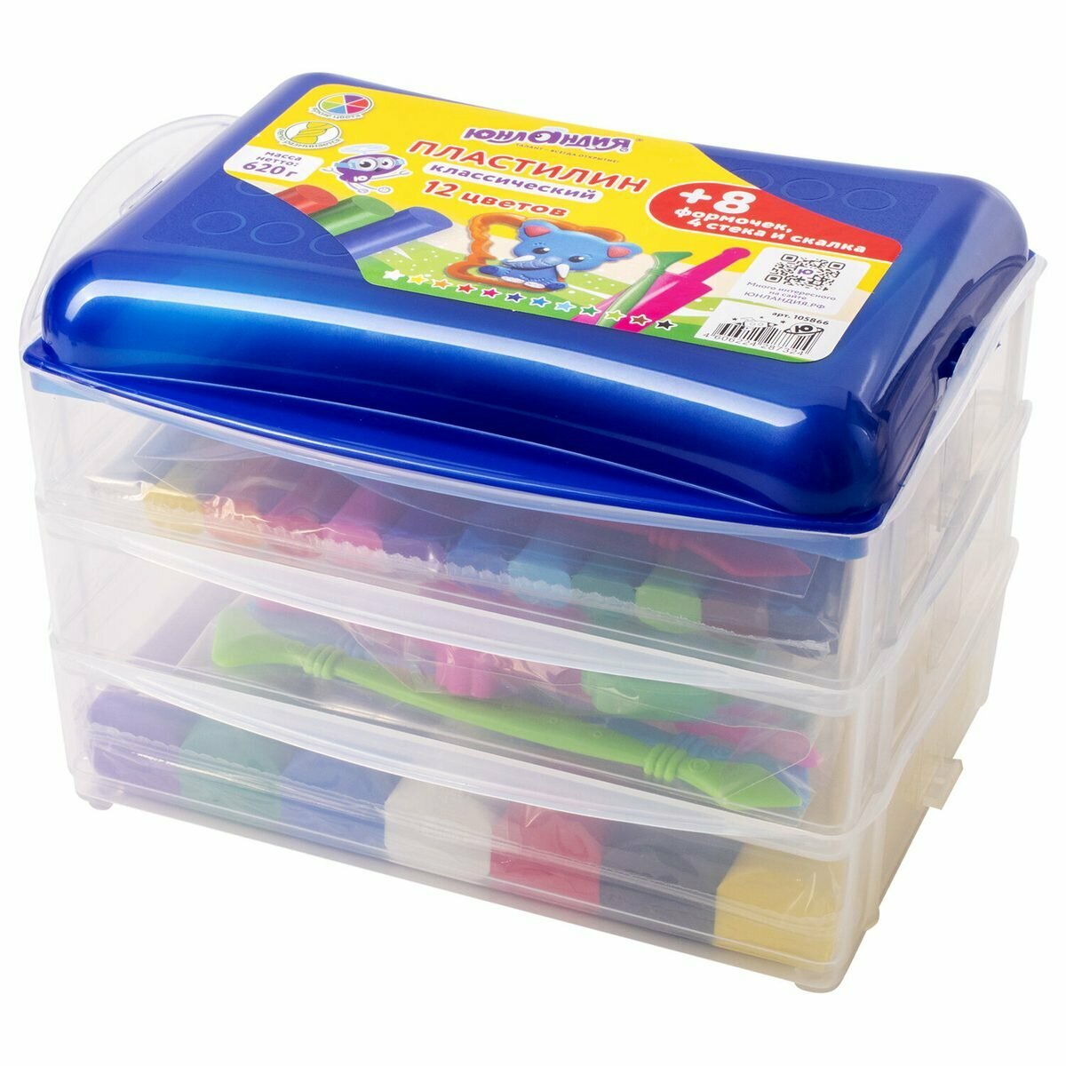 Пластилин 12 цветов Юнландия "Юнландик в зоопарке", 620г, скалка, 4 стека, 8 формочек, в боксе (105866)