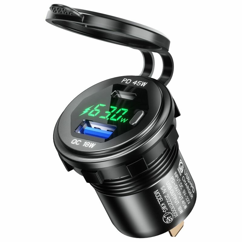 Металлический автомобильный зарядник 63W QC3.0 USB+Type C PD, Черный - Зеленый свет