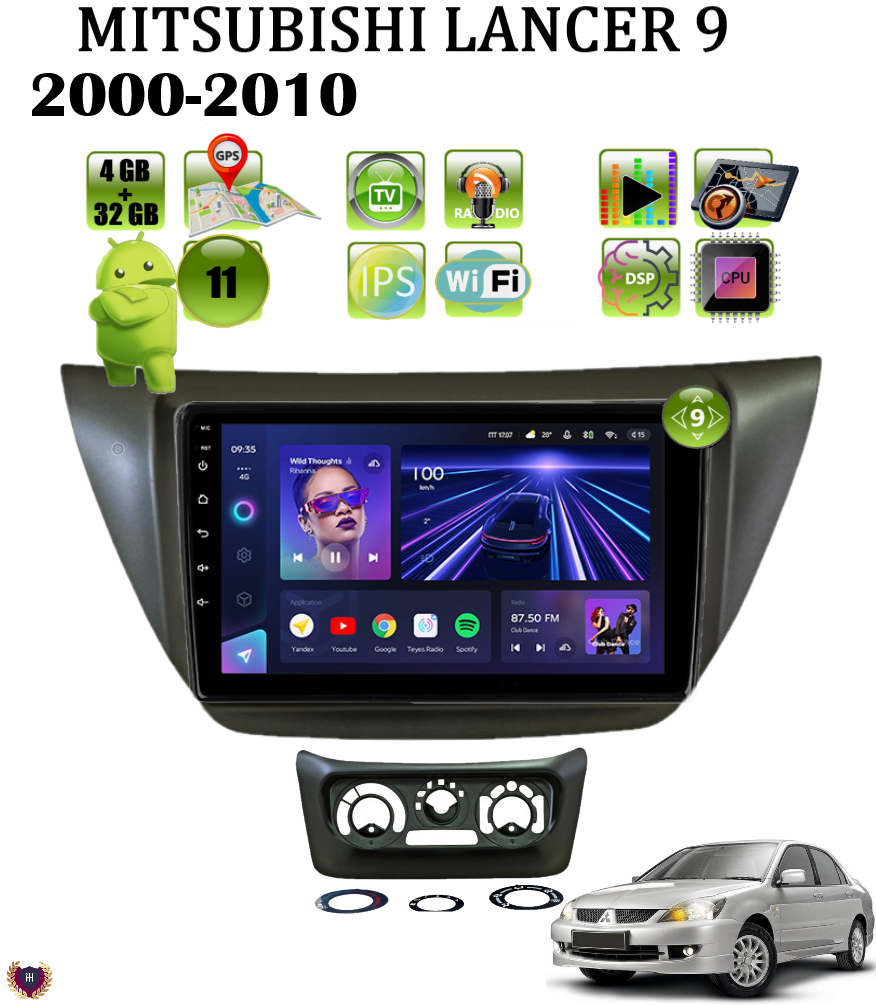 Автомагнитола для Mitsubishi Lancer 9 (2000-2010), Android 11, 4/32 GB, Bluetooth, WiFi, CarPlay, GPS, IPS, сенсорные кнопки, поддержка кнопок на руле