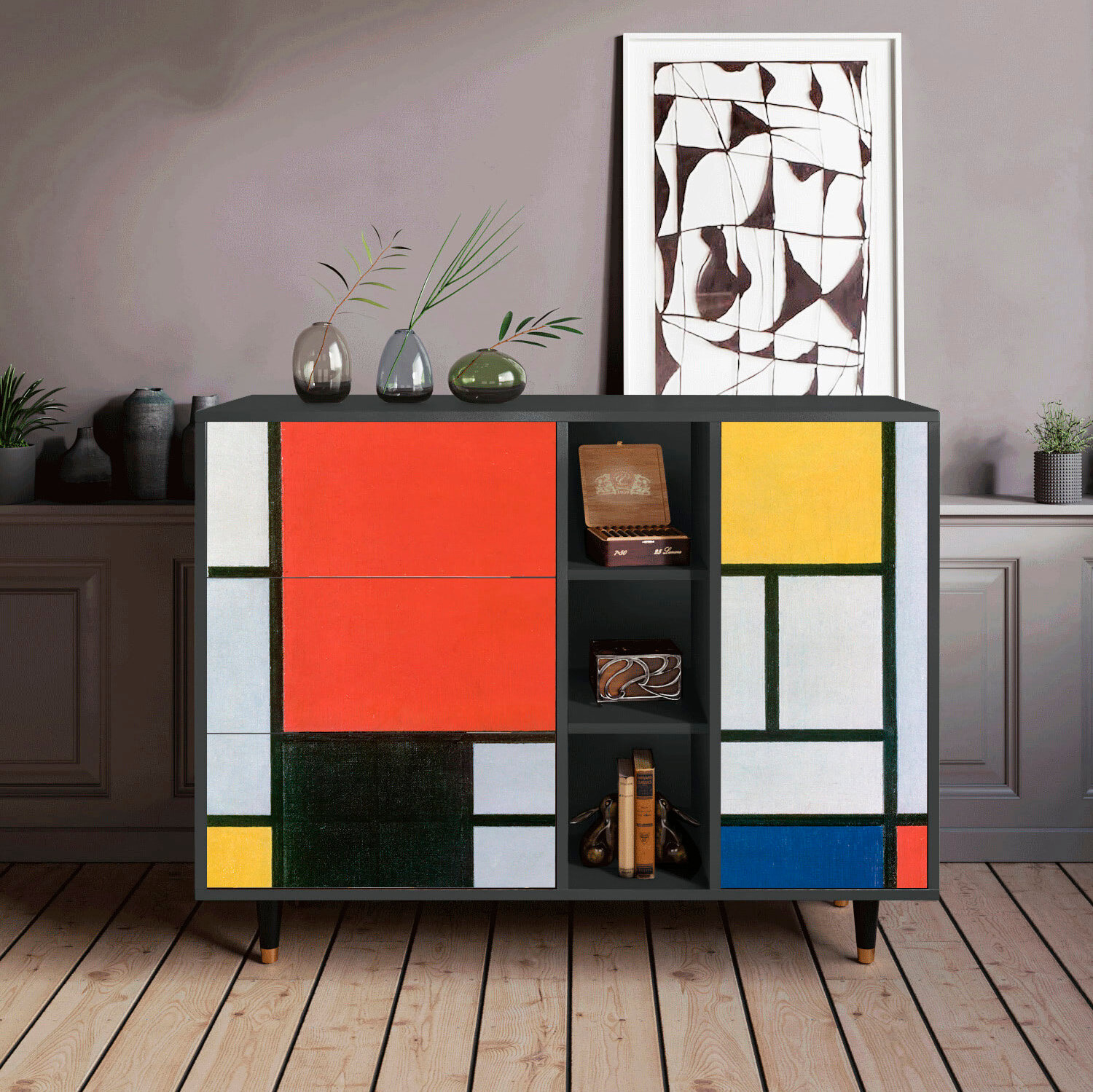 Комод - STORYZ - BS2 Composition with Blue, Разер - 125 x 97 x 48 см , Цвет корпуса - Red and Yellow by Piet Modrian, Разер - 125 x 97 x 48 см , Цвет корпуса - Антрацит