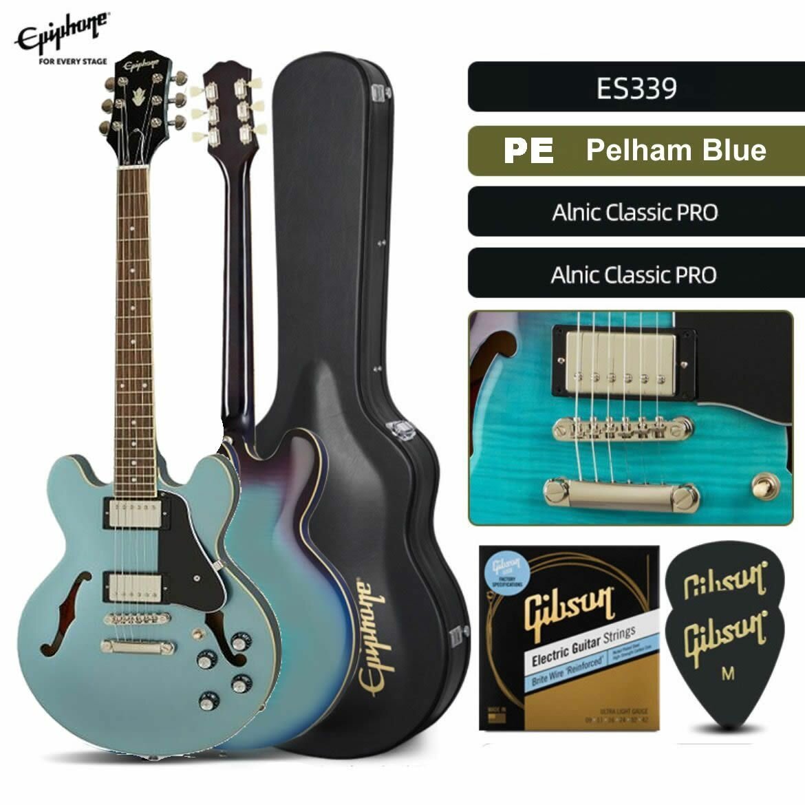 Epiphone ES-339 PE Pelham Blue+Case / полуакустическая электрогитара, цвет натуральный
