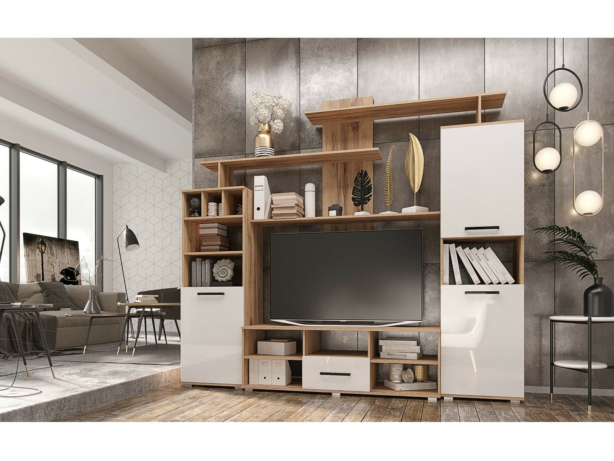 Готовая стенка для гостиной, в современном стиле, Дуб крафт/Белый глянец