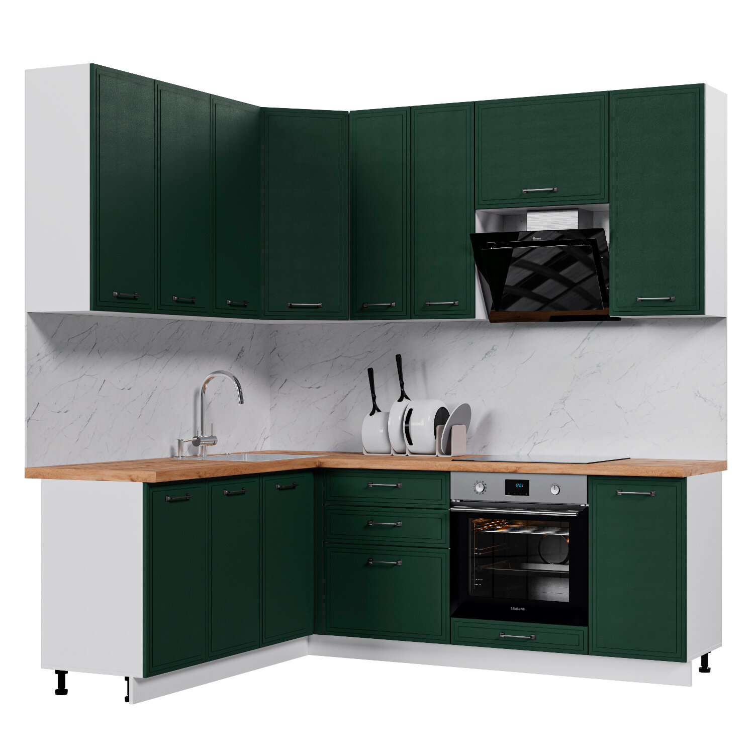 Кухонный гарнитур угловой высокий, столешница Дуб Вотан 38мм, Кухня Индира 180х260см h=2370мм, Белый/Сланец