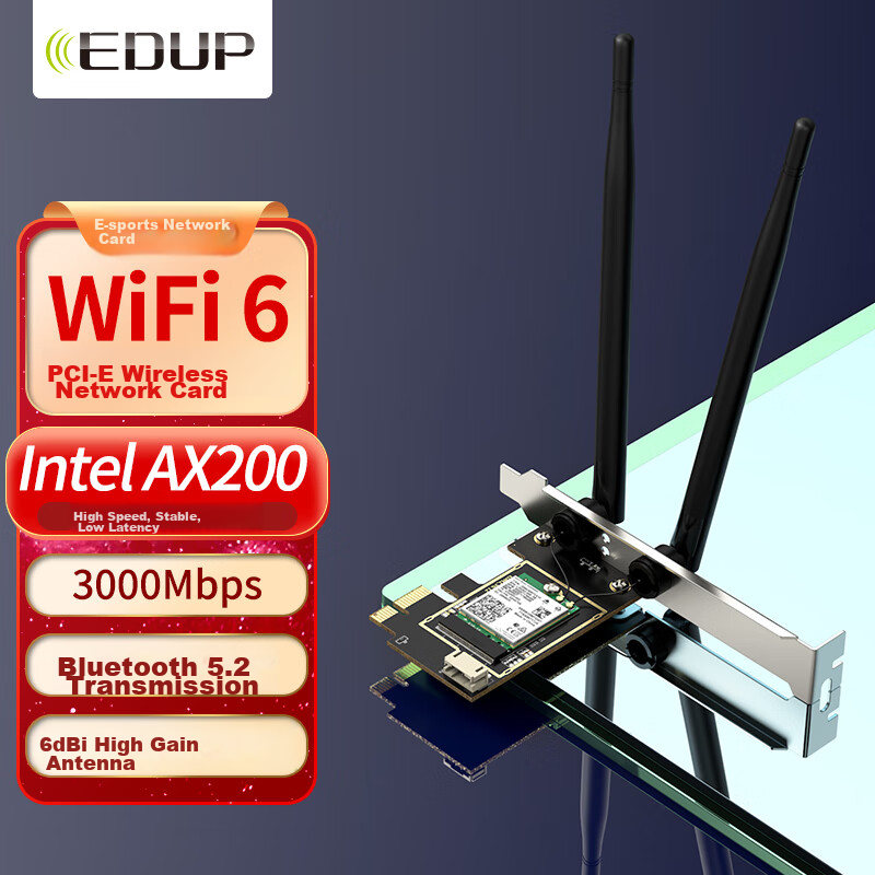 EDUP Intel AX200 Gigabit PCIe Wireless Network Card, Desktop Computer WIFI6 Receiver, Gaming PC Internal, 5G Dual-Band 3000M Bluetooth 5.2, EP-AX200LS