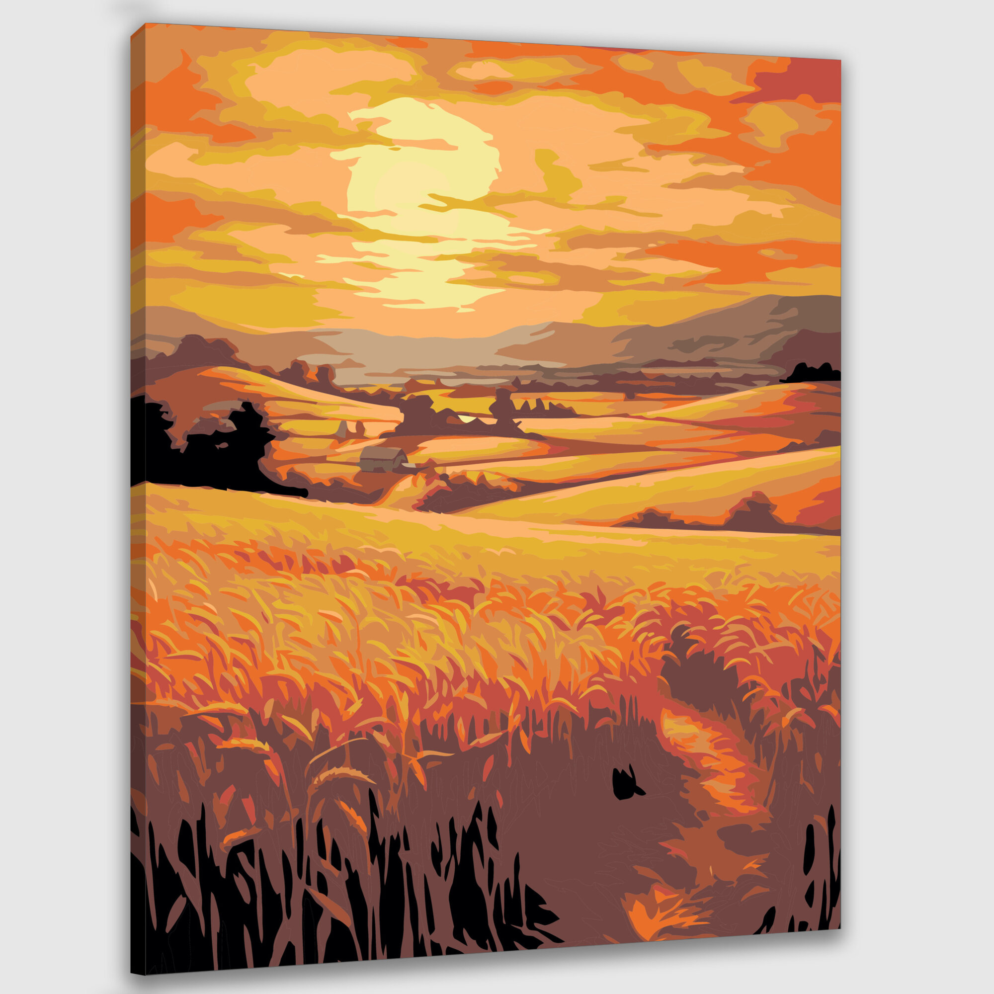 Картина по номерам 40x50 см, картина, масло, пшеничное поле, рассвет, солнце, лучи, стебли, тени, цвета пейзажа