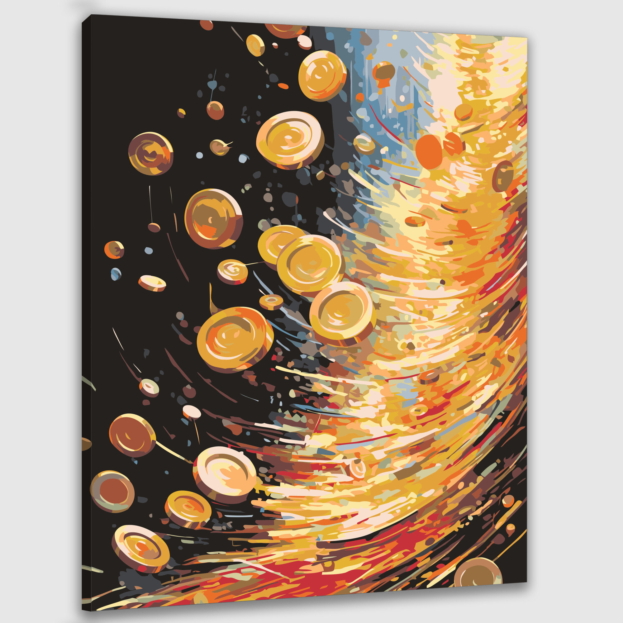 Картина по номерам 40x50 см, цифровая иллюстрация, рублевые монеты, размеры, цвета, кружащиеся, танцующие, воздух, ритм