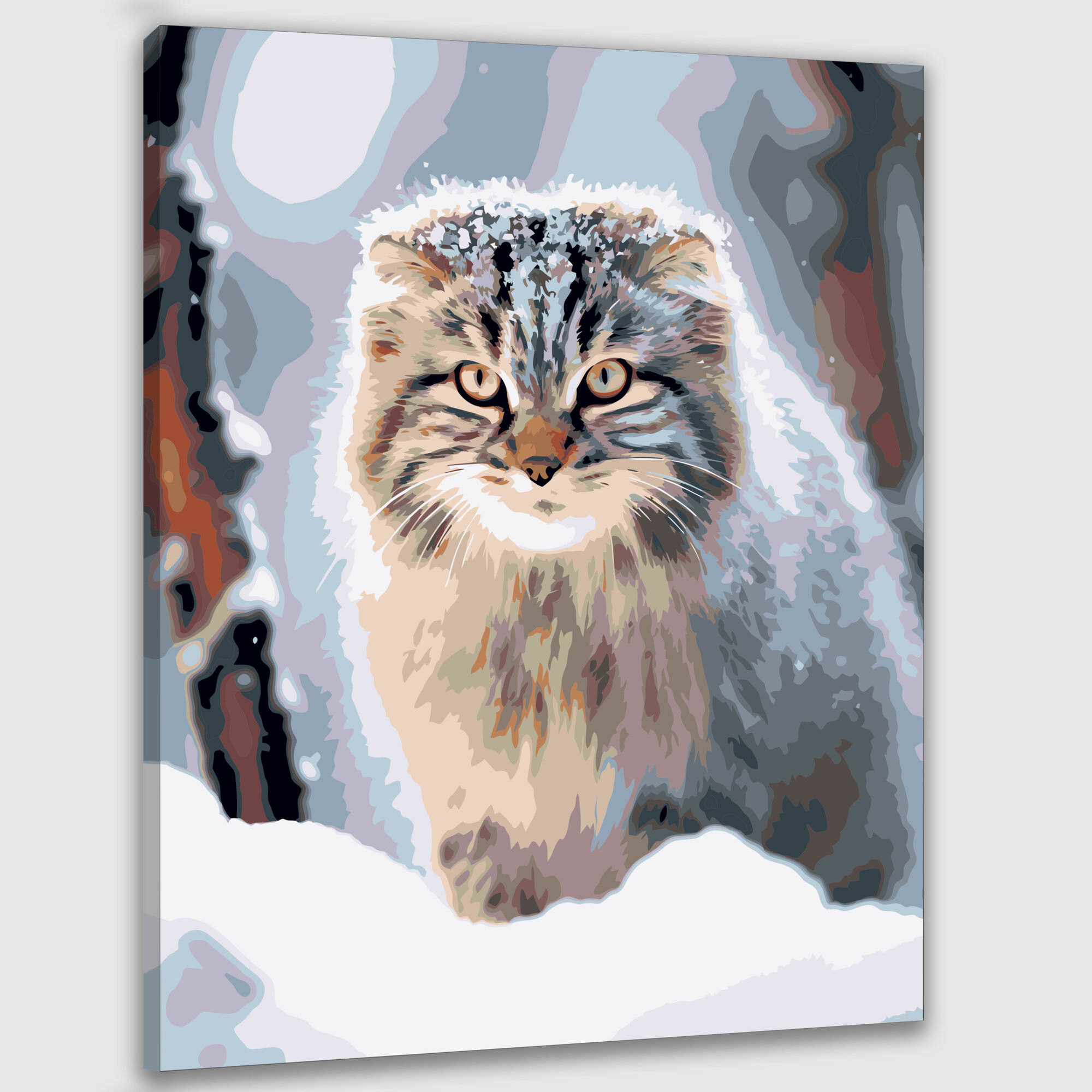 Картина по номерам 40x50 см, манул, мех, заснеженный фон, зимний лес, свет, морда, глаза, отметины, скрытность, ветви