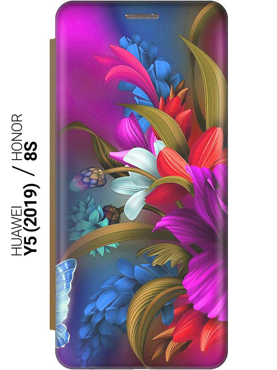 Чехол-книжка на Honor 8S, Huawei Y5 (2019), Хуавей У5 2019, Хонор 8с с 3D принтом "Фантастические цветы" золотой