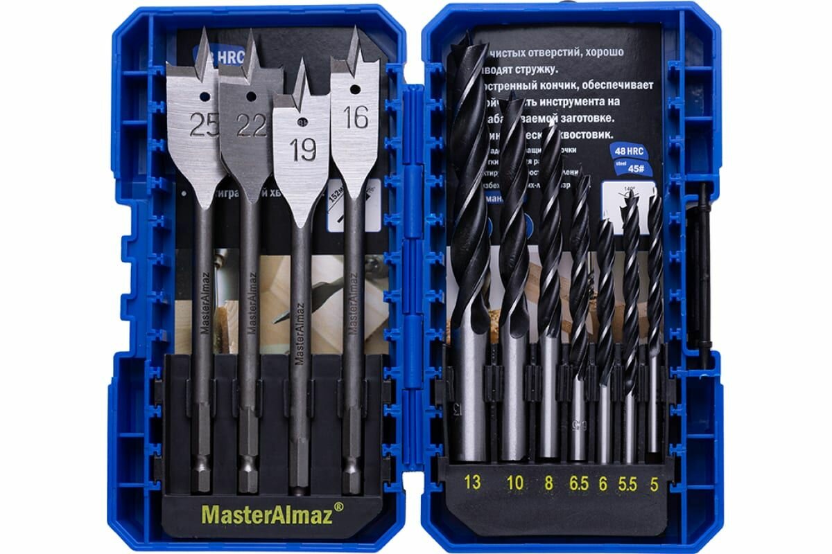 Набор сверл перьевых и спиральных по дереву МастерАлмаз PROFI 11 шт.