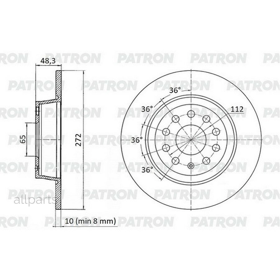 PATRON PBD7033 Диск тормозной задн. SKODA OCTAVIA 1.2TSI/1.4/1.4TSI/1.6/1.6FSI/1.6TDI/1.8TSI/1.9TDI/2.0FSI/2.0TDI 2004 ->, SUPERB 1.4TSI/1.6TDI/1.8TSI/1.9TDI/2.0TDI 2008 ->, AUDI