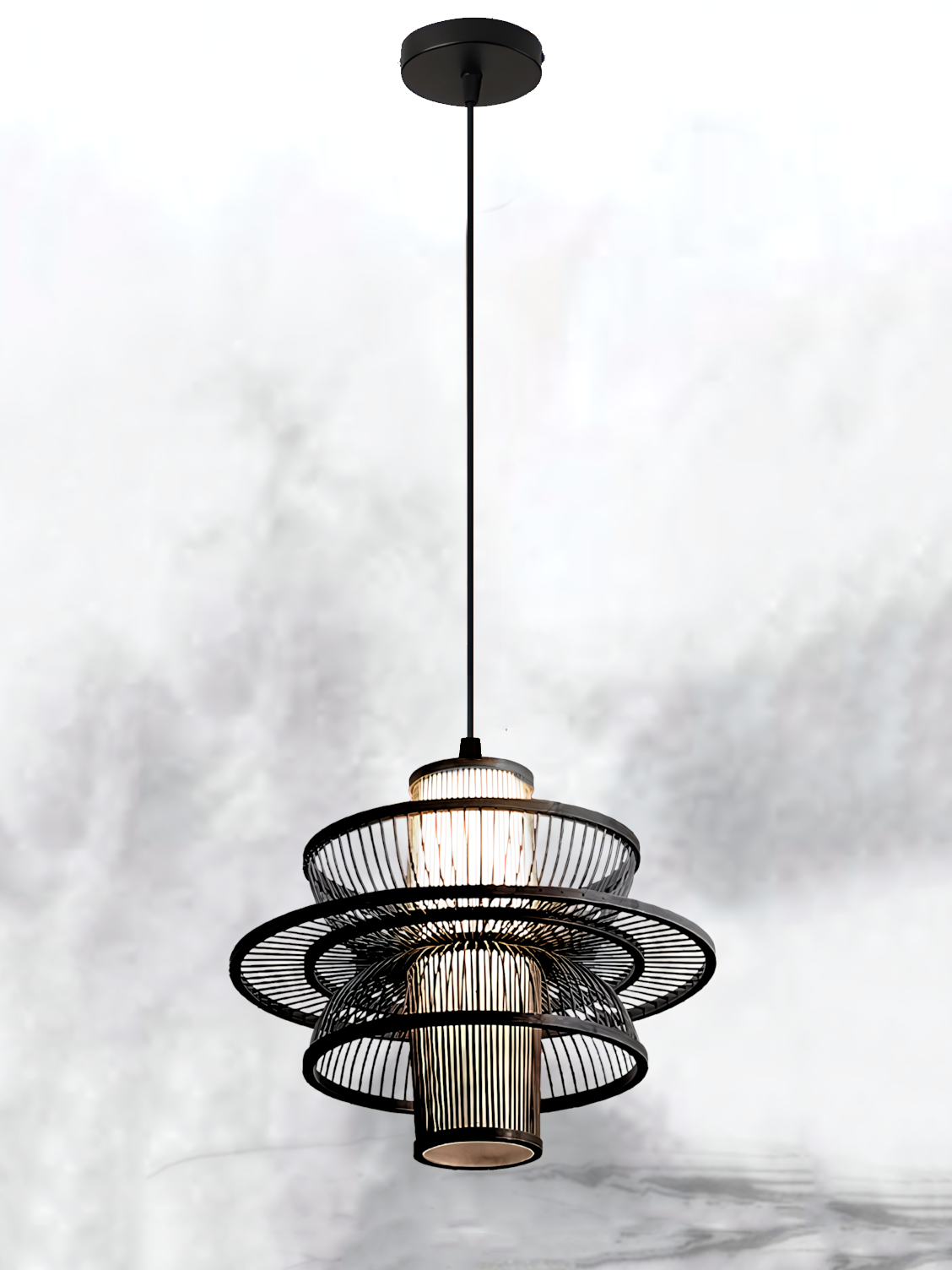 Люстра подвесная, бамбуковая, E27, шнур 120 см, черный цвет, 50х30 см