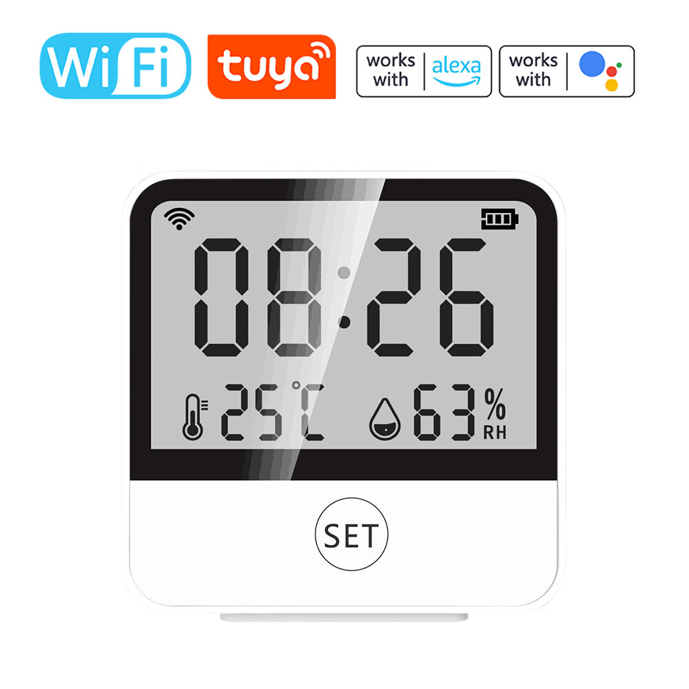 Tuya WiFi Интеллектуальные датчики температуры и влажности Дисплей времени и даты недели Интеллектуальный домашний офис Спальня Кухня Гостиная Датчики температуры и влажности в отеле Большой дисплей Интеллектуальная связь Совместимость с Alexa
