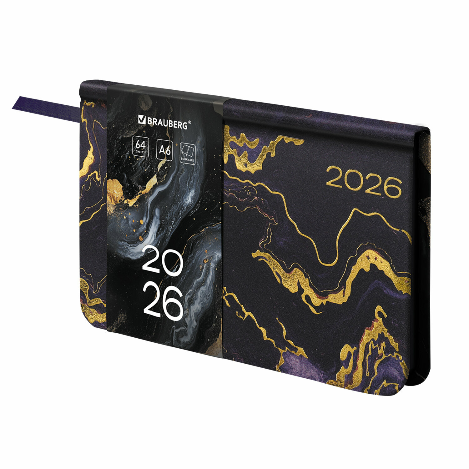 Еженедельник датированный 2026 малый формат 95х155 мм, А6, BRAUBERG "Vista", под кожу "Black marble", 117203