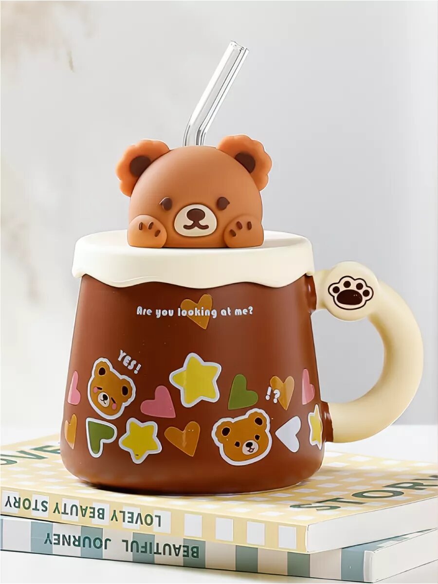 Кружка DB HOMME "Мишка Тедди", керамика, 300мл, для СВЧ, с крышкой, с трубочкой