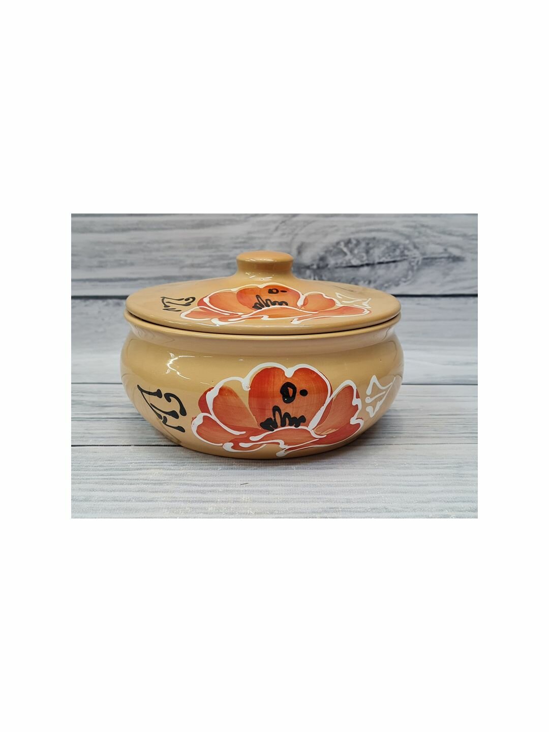 Пельменница малая "Мак бежевый", с крышкой, керамика, объем 1.25 л, диаметр 19 см, высота 12 см