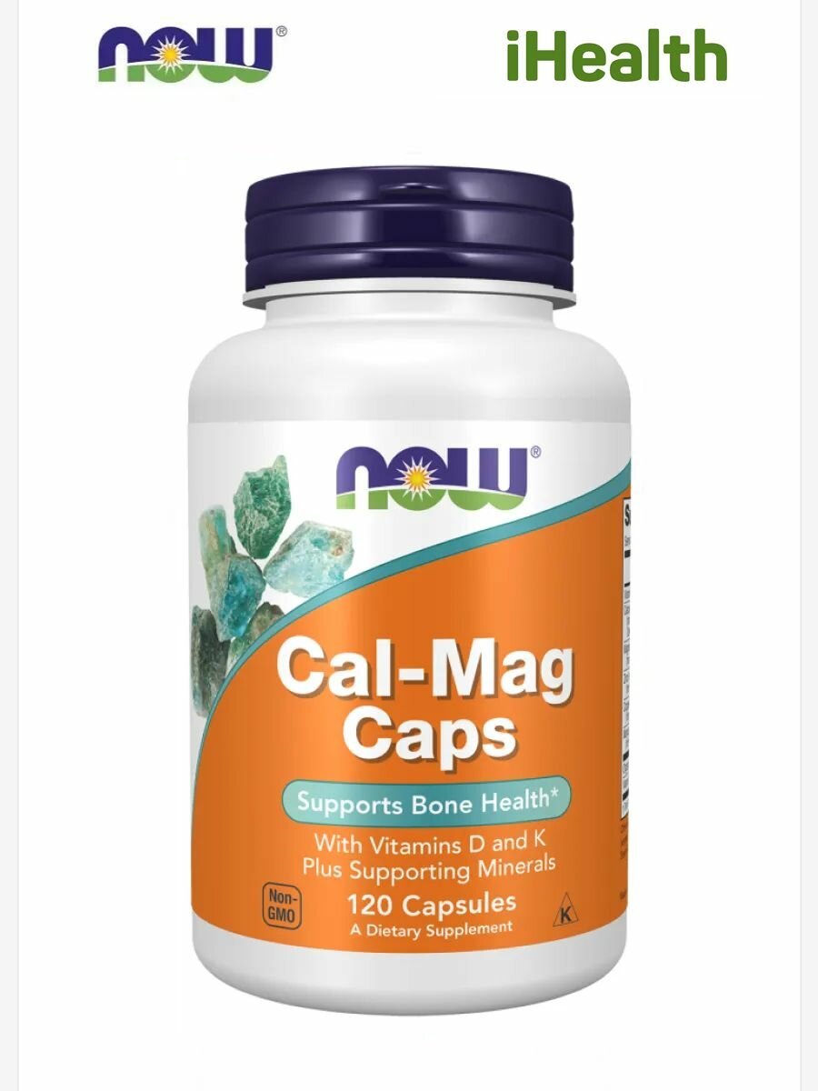 NOW Cal-Mag Caps, Комплекс минералов с кальцием, магнием, витаминами D и К2, для костей, мышц и нервной системы, 120 растительных капсул