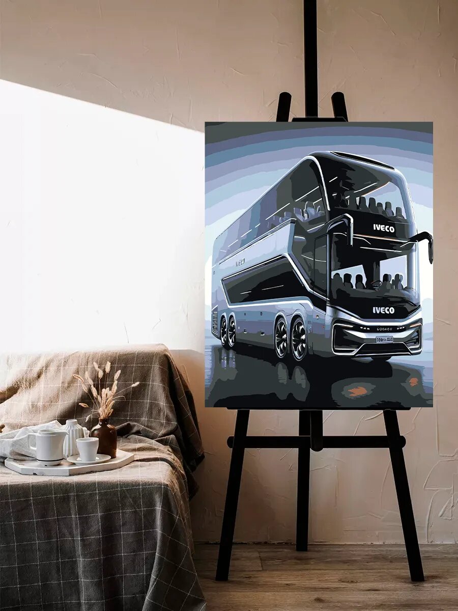 Картина по номерам Серый Туристический Двухэтажный Автобус