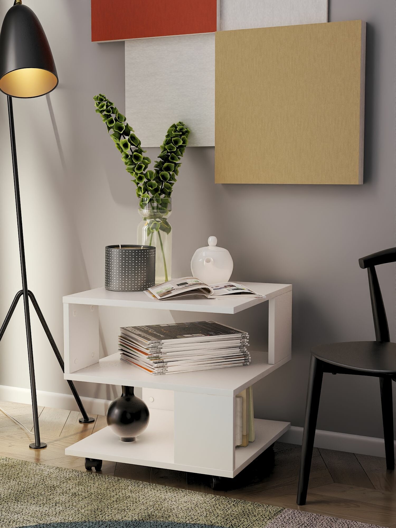 Журнальный стол 188 Stories, ЛДСП, классический стиль, белый, на колесиках