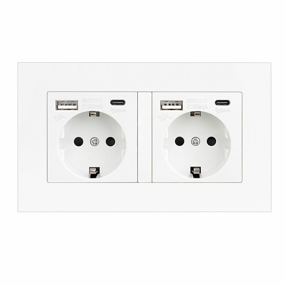 Розетка с двойной панелью с 2 USB 5V 2.1A и 2 Type C , Белый Пластиковые панели