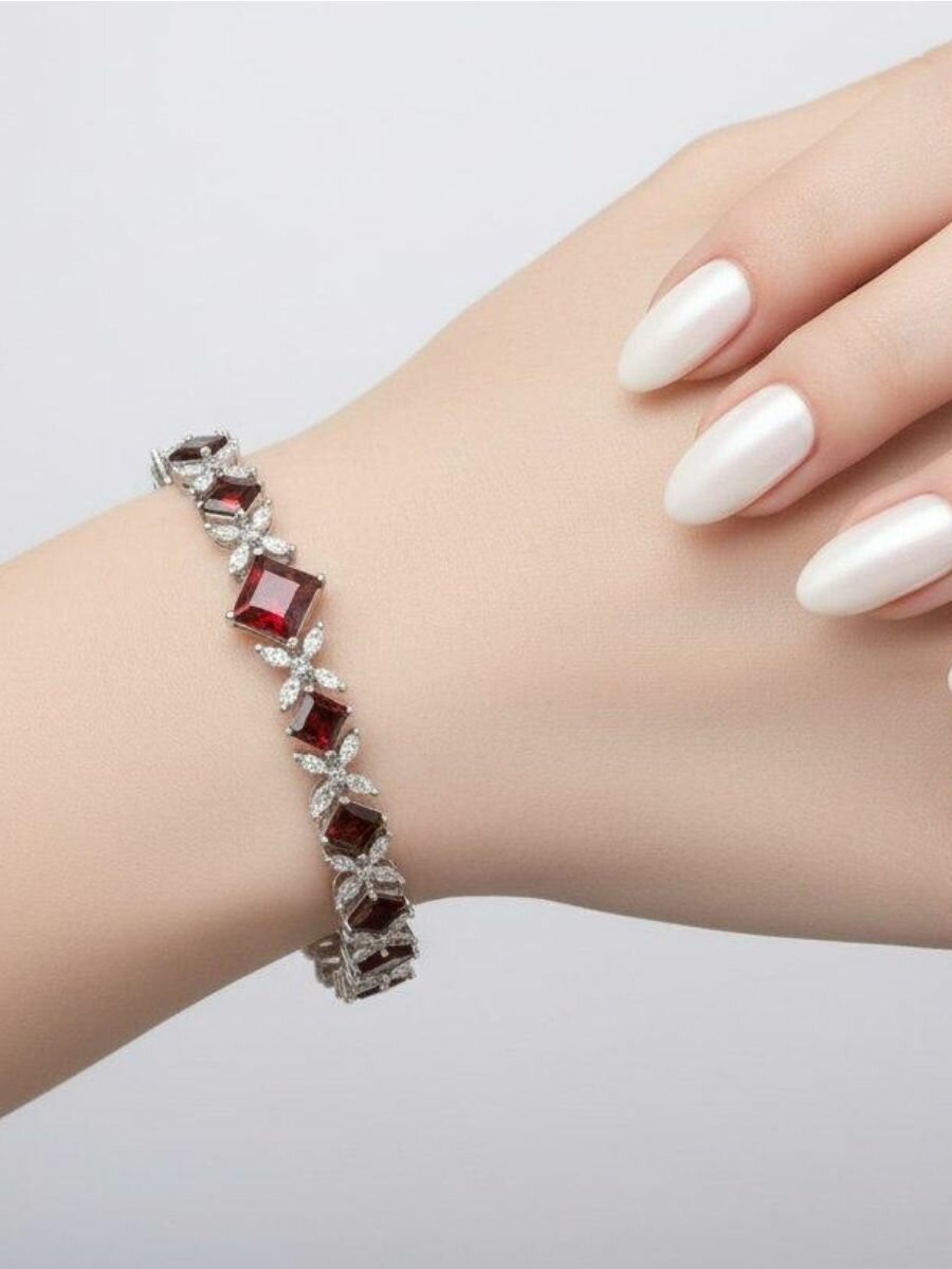 Браслет, серебро, 925 проба, родирование, циркон, гранат