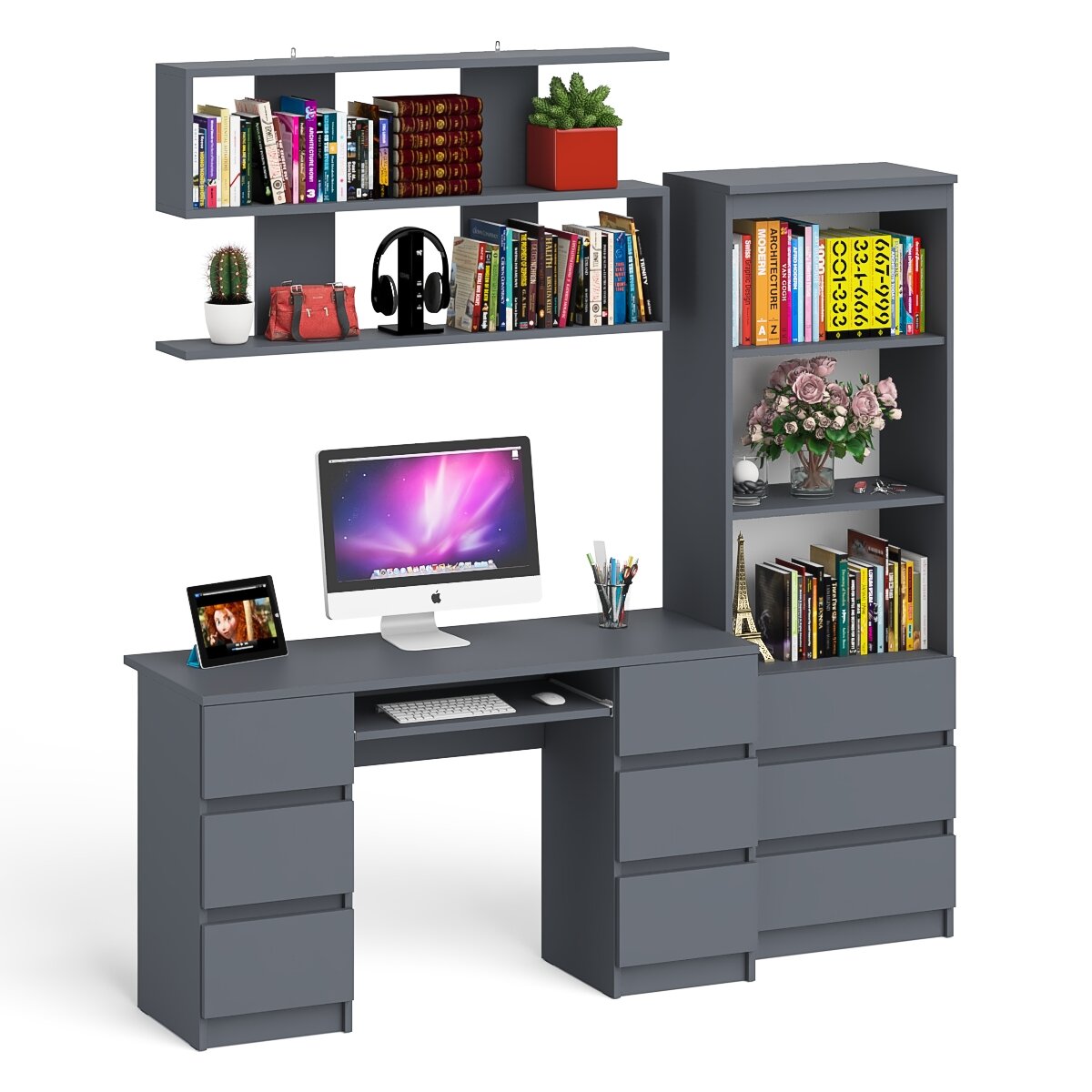 Рабочее место Мори МС-2 из стола двухтумбового с полкой и стеллажом, графит, 195,8х50х209,6 см.