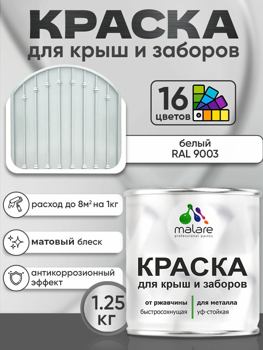 Краска по металлу Malare для крыш и заборов по ржавчине, для наружных работ, быстросохнущая износостойкая RAL 9003 белый, матовая, 1,25 кг