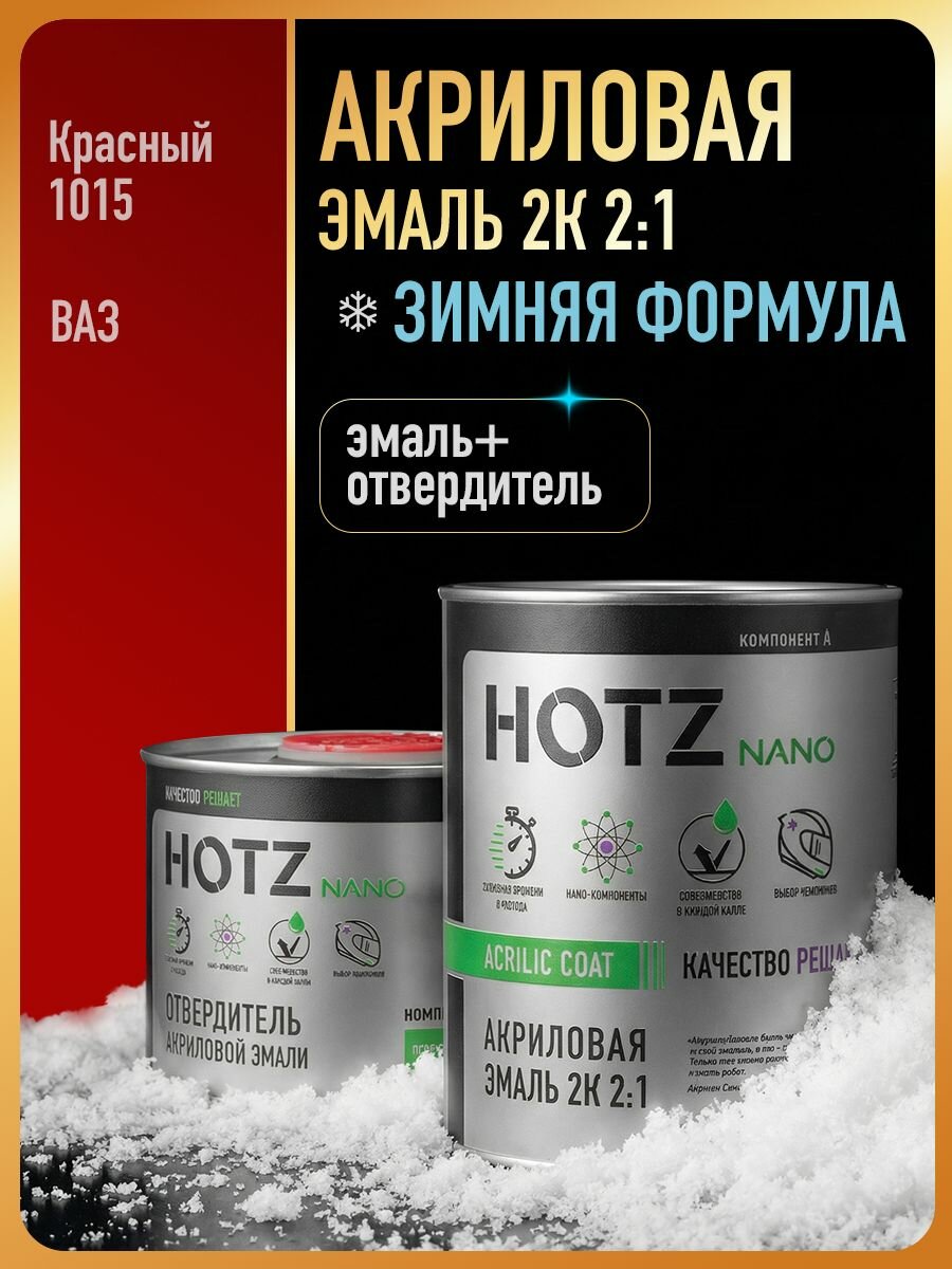 Акриловая краска автомобильная 2К 2:1, Красная 1015, Комплект (эмаль: 1000 мл + отвердитель: 500 мл), HOTZ
