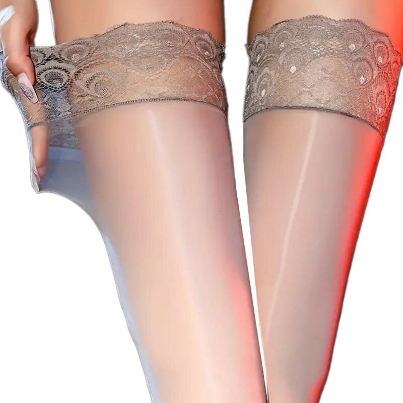 Шелковые чулки до бедра с кружевами, Серый
