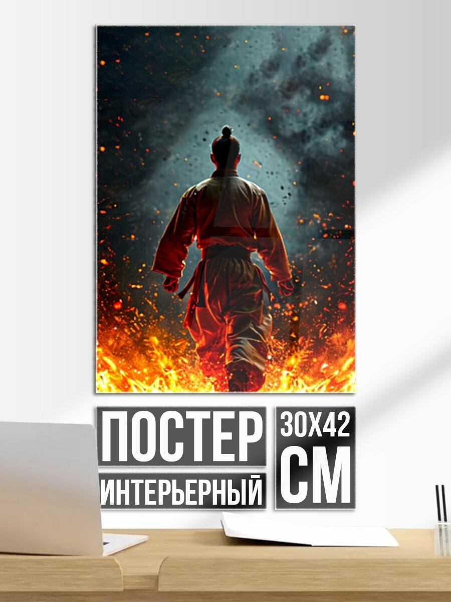 Постер на стену Кунг-фу боец в огне