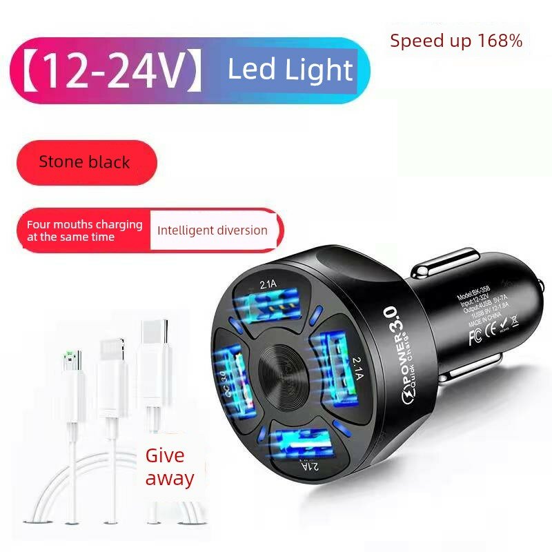 Автомобильный адаптер с RGB-подсветкой, QC3.0 и кабелем 3 в 1, несколько портов