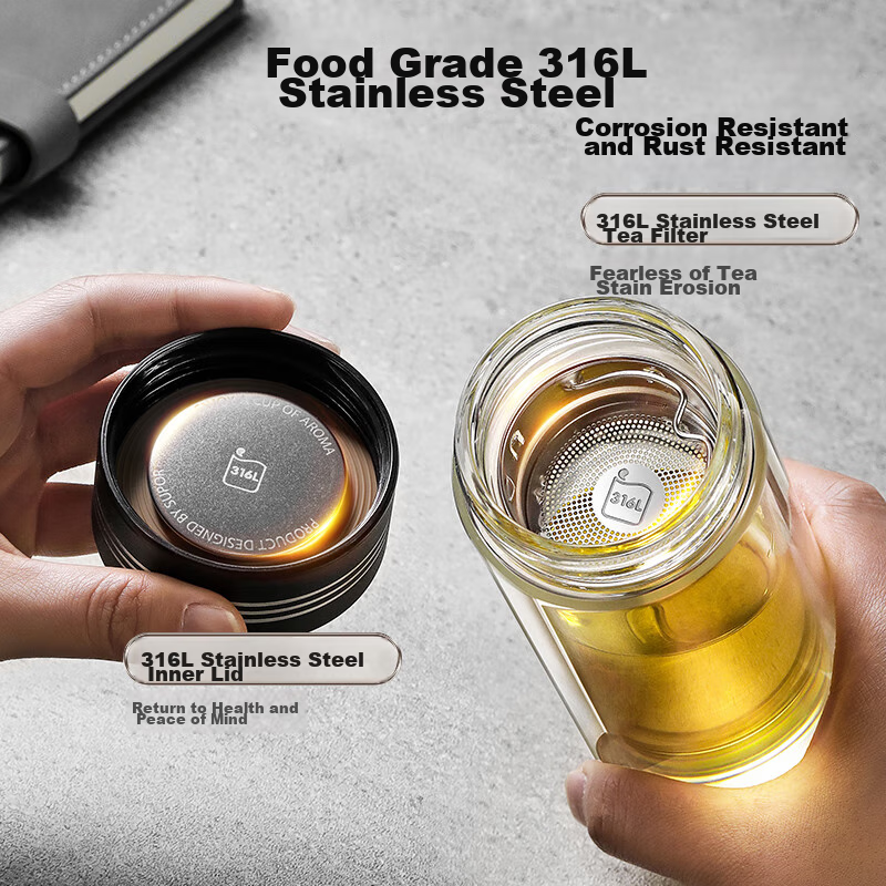 SUPOR Double-Layer Glass Cup, Office Tea Infuser Mug, Tea-Water Separation Cup for Men And Women, Car Water Bottle, 350mL, Elegant Black