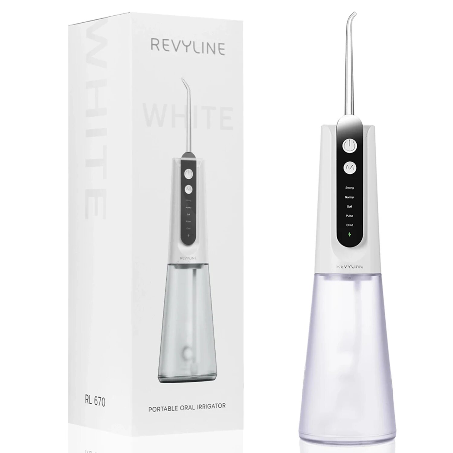 Комплектация 1 шт. Ирригатор для полости рта REVYLINE RL 670, емкость резервуара 0,27 л, 2 насадки, белый