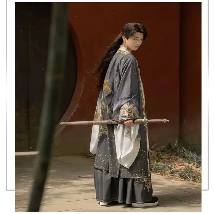 Мужской Ханьфу из полиэстера серый/синий M 47.5-55kg, gray full set