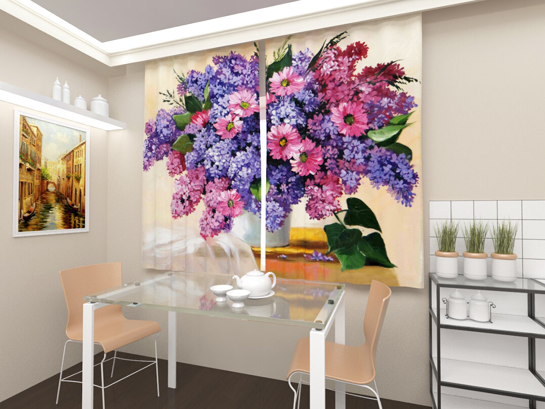 Фотошторы кухонные Арт Паула Букет на столе Габардин В: 170 см Ш: 2*145 = 290 см