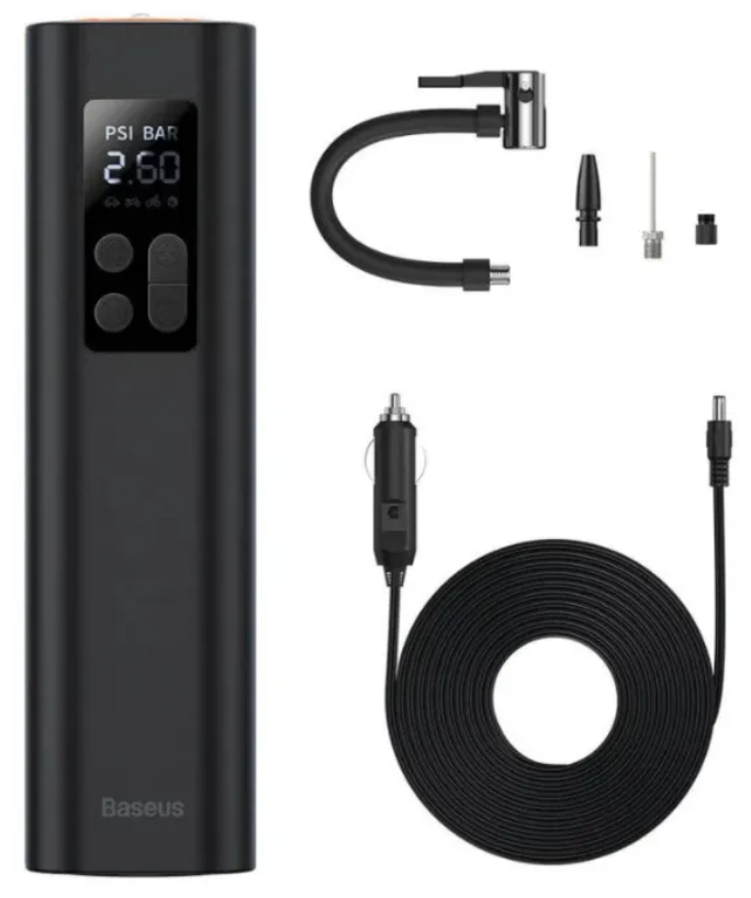 Портативный насос BASEUS "Super Mini Inflator", от прикуривателя, цифровой манометр, чёрный