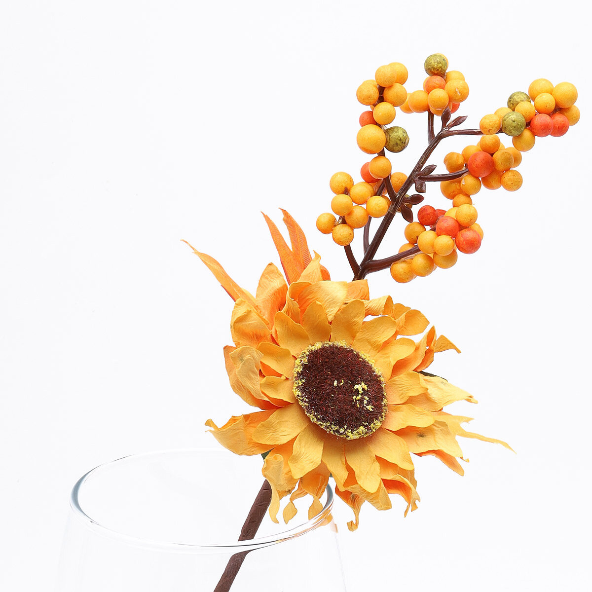 Ветка декоративная кленовая с ягодами и подсолнухом, Айрис, 28 см