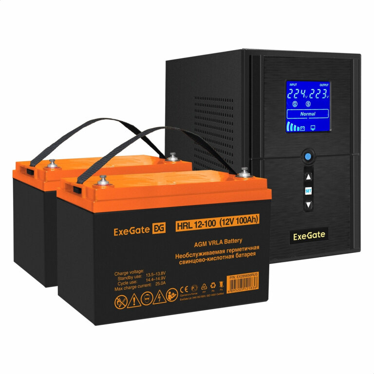 Комплект ИБП EX295987RUS + батарея 100Aч EX285656RUS 2шт (инвертор, синус, для котла) ExeGate SineTower SZ-1000. LCD. AVR.2SH.1C13. USB + батарея ExeGate HRL