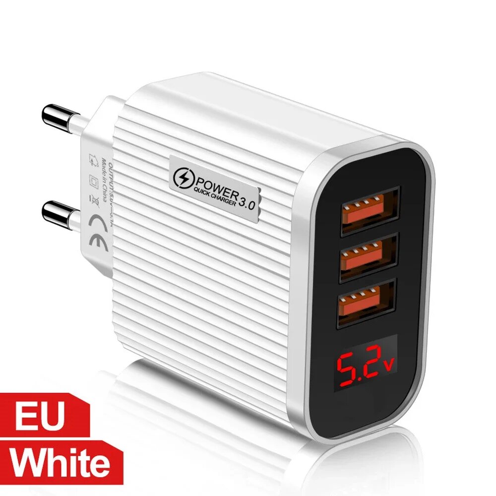 Быстрое зарядное устройство, 3 порта, USB-зарядное устройство с цифровым дисплеем для iPhone 13 Pro Max Xiaomi12, Samsung, 5 В, 3 А, настенные зарядные устройства для быстрой зарядки телефона EU White