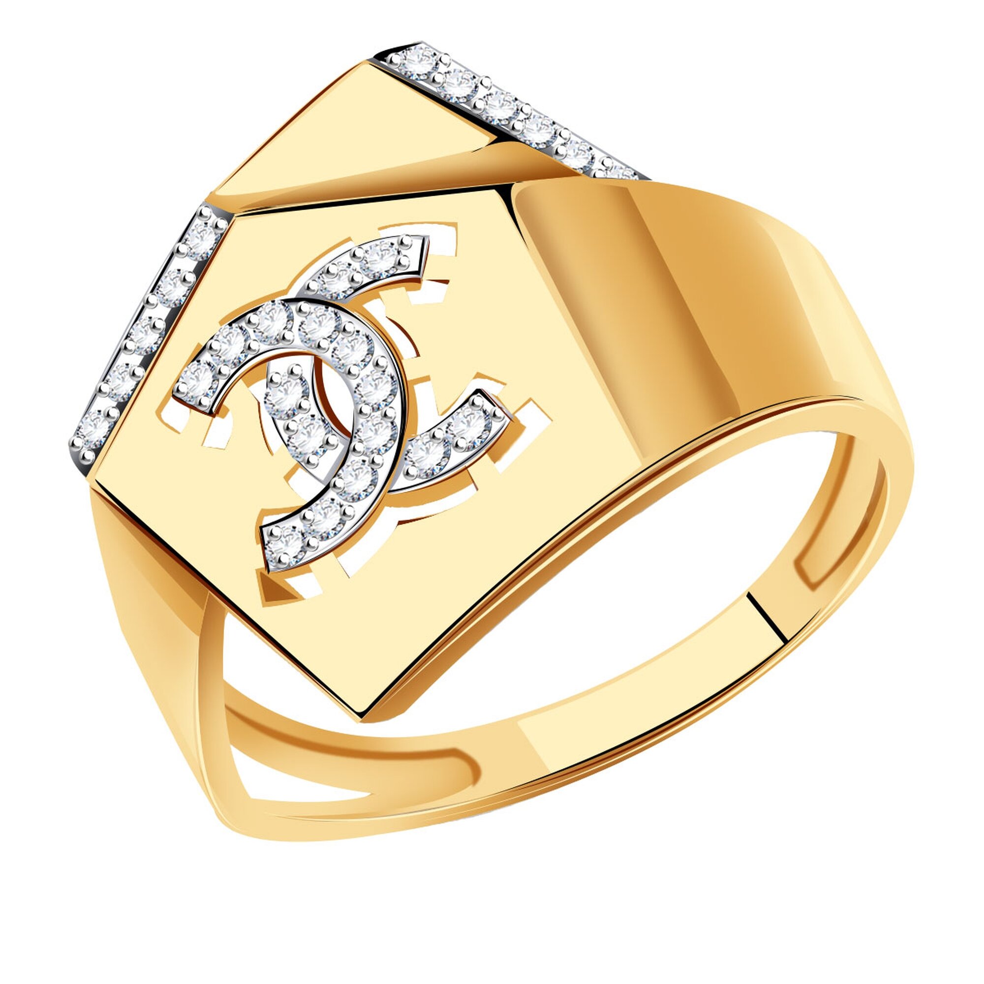 Кольцо широкое, красное золото, 585 проба, фианит