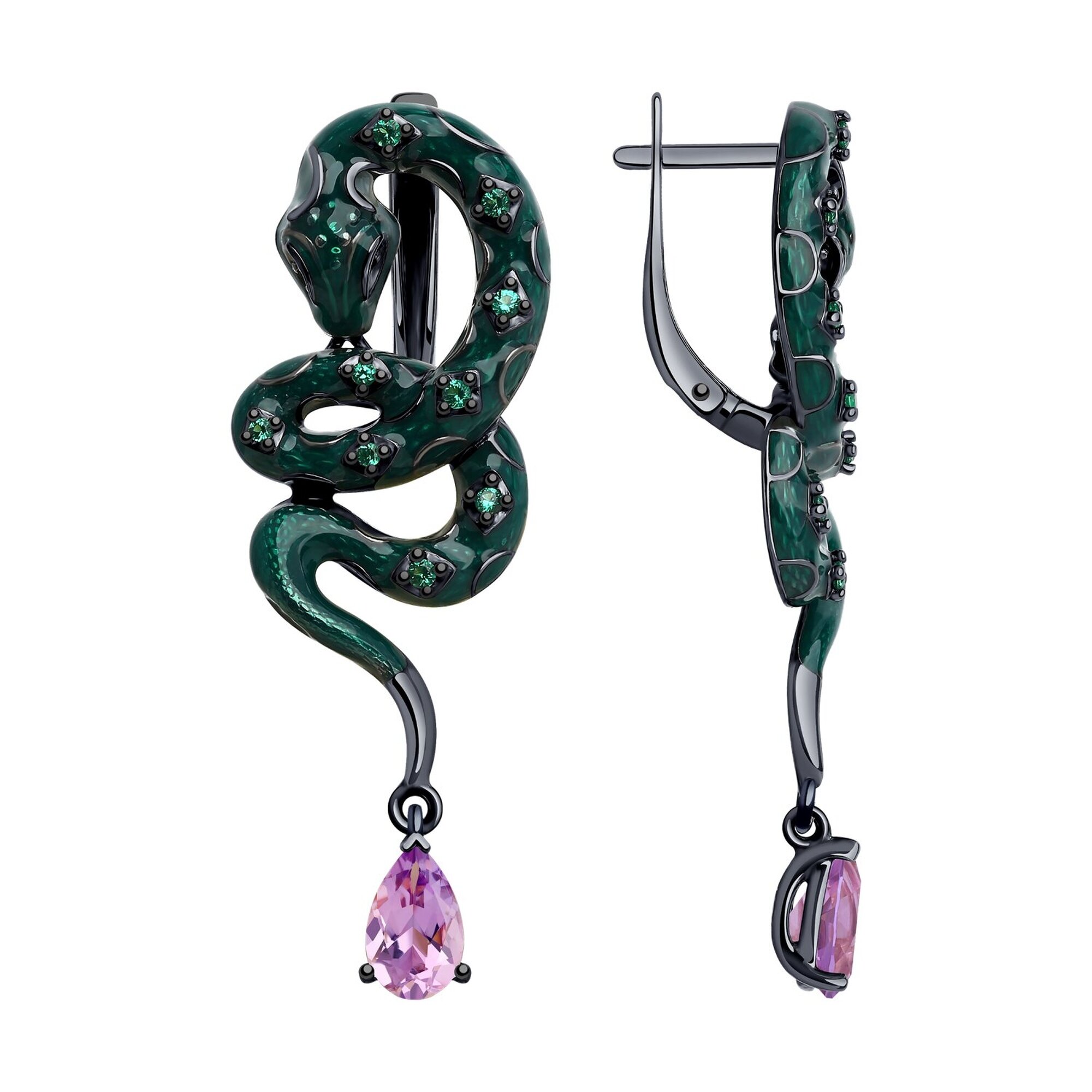 Серьги, серебро, 925 проба, родирование, аметист, эмаль, фианит