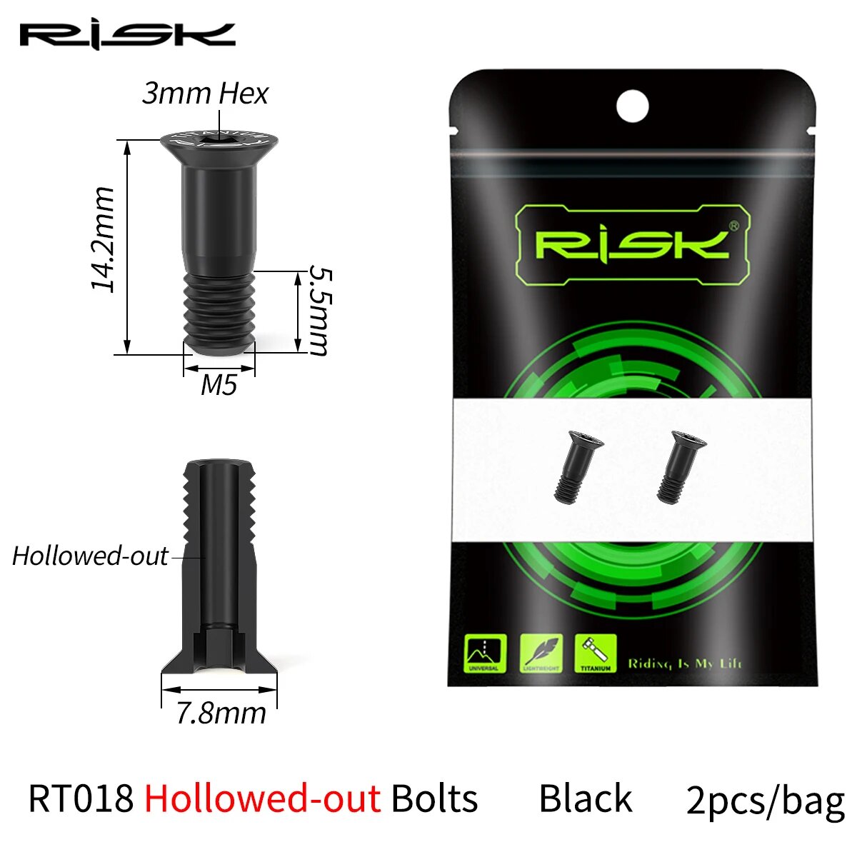 Болты Risk RT018 Hollow-out, черные, 2 шт.