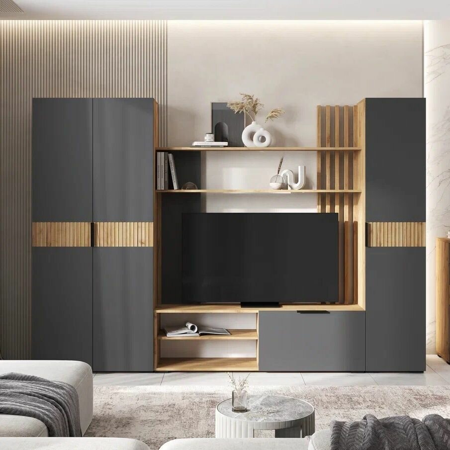 Стенка в гостиную под телевизор Роджина, мебель со шкафом и секциями для хранения, 260х35х182.6 см, Дуб крафт/Графит