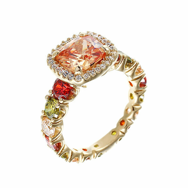 Перстень, серебро, 925 проба, родирование, золочение, циркон, стекло