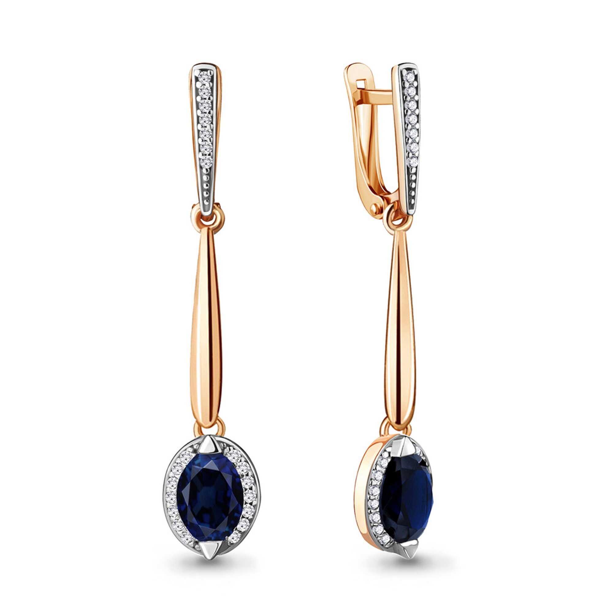 Серьги, серебро, 925 проба, золочение, фианит, сапфир синтетический